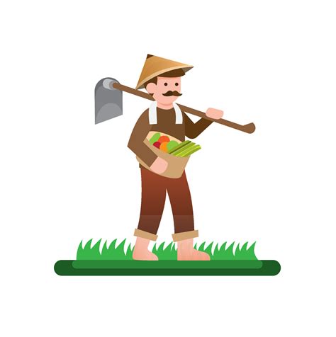 Farmer Carries Wooden Hoe In Shoulder With Basket Of Vegetable Harvest