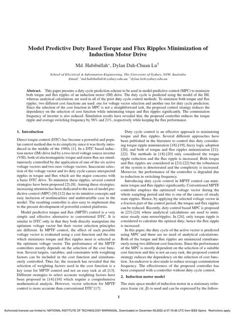 Model Predictive Duty Based Torque And Flux Ripples Minimization Of Induction Motor Drive Pdf