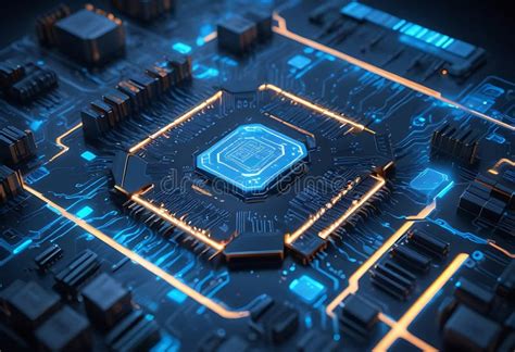 Close Up Of Illuminated High Tech Circuit Board With Glowing Blue Pathways And CPU Stock