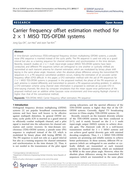 Pdf Carrier Frequency Offset Estimation Method For 2 × 1 Miso Tds Ofdm Systems