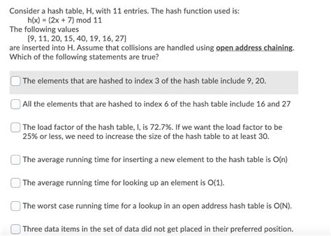 Solved Consider A Hash Table H With 11 Entries The Hash Chegg Com