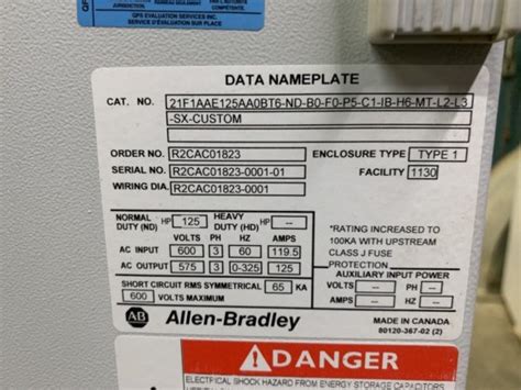 Allen Bradley 21f1aae125aa0bt6 Nd B0 F0 P5 C1 Ib H6 Mt L2 L3 Sx Custom