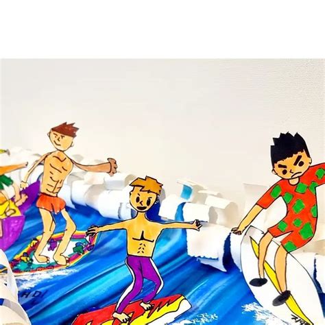 🌈미술로 소통하는 수린쌤의 그림이야기🖌 On Instagram 역동적인 인체 동세표현도 수채화물감 사용도 재미있게 배워보아요~😊🌊 유치부작품 저학년작품 서핑🏄