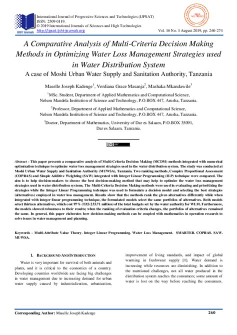 Pdf A Comparative Analysis Of Multi Criteria Decision Making Methods In Optimizing Water Loss