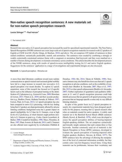 Pdf Non Native Speech Recognition Sentences A New Materials Set For Non Native Speech