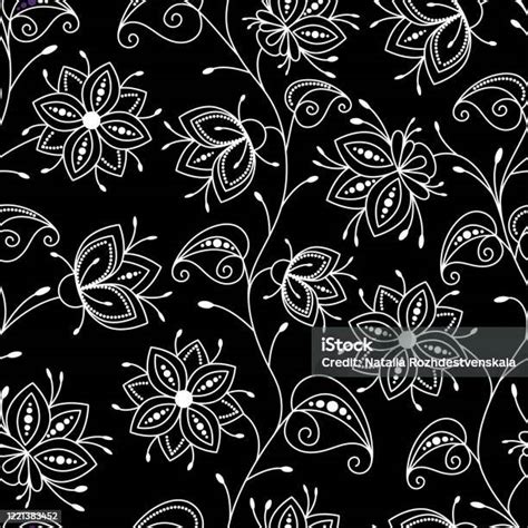 매끄러운 패턴 장식 야생화 검은 색 배경에 꽃 흰색 윤곽 패턴입니다 벡터 일러스트레이션 0명에 대한 스톡 벡터 아트 및 기타