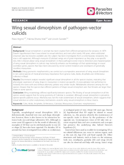 Pdf Wing Sexual Dimorphism Of Pathogen Vector Culicids Flávia