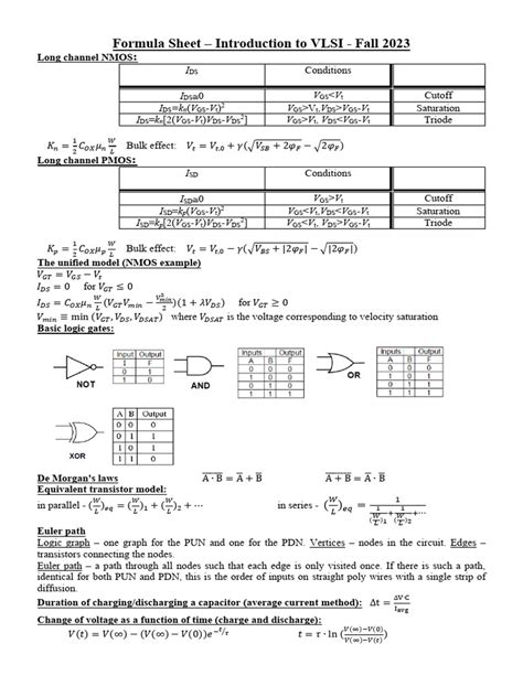 Formula Sheet Vlsi Fall 23 Pdf