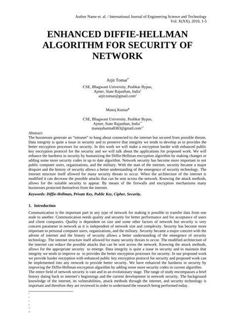 PDF ENHANCED DIFFIE HELLMAN ALGORITHM FOR SECURITY OF NETWORK