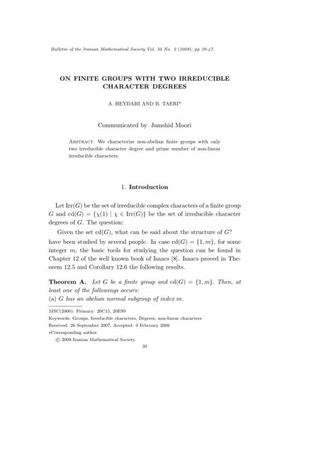 Pdf On Finite Groups With Two Irreducible Character Degrees