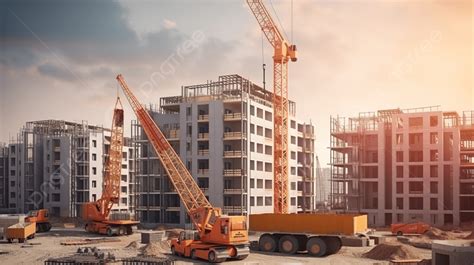 Residential Building Project Visualized With Excavator And Crane In 3d