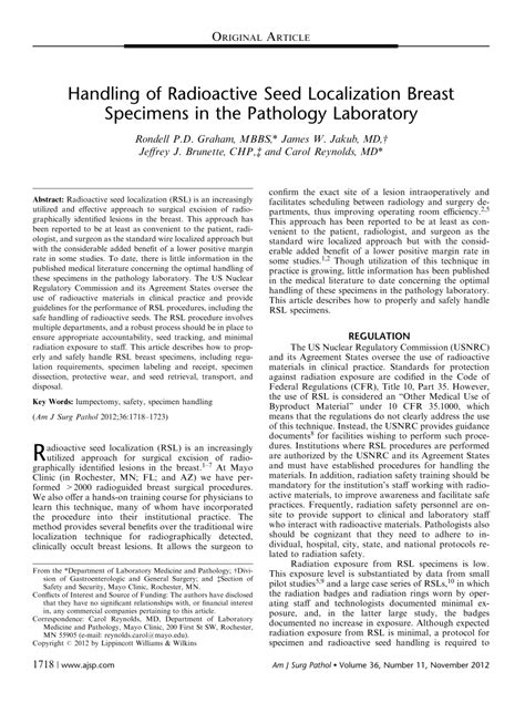 Pdf Handling Of Radioactive Seed Localization Breast Specimens In The Pathology Laboratory