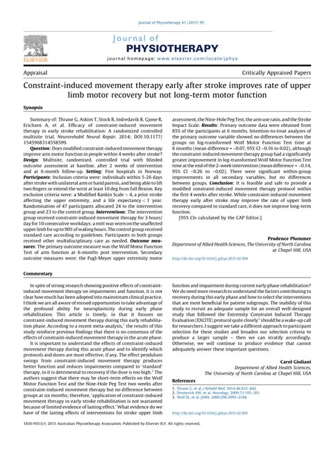 Pdf Constraint Induced Movement Therapy Early After Stroke Improves Rate Of Upper Limb Motor