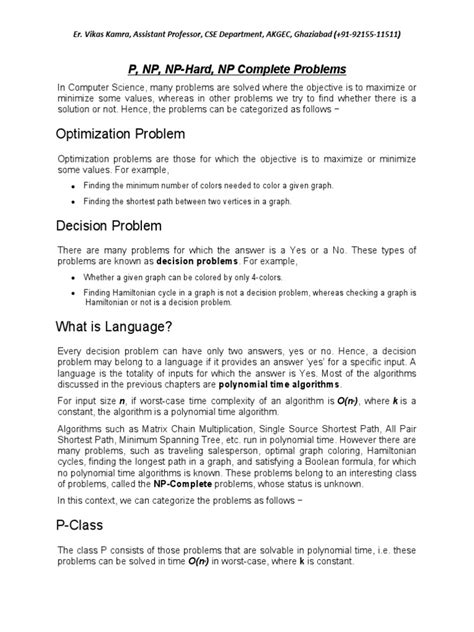 Optimization Problem P Np Np Hard Np Complete Problems Pdf Time