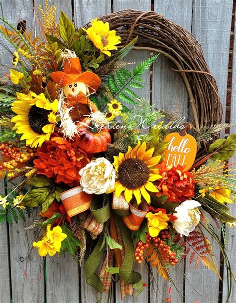 Hello Fall Scarecrow Wreath With Pumpkin Apples Corn And Peony Stems