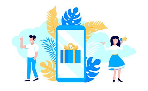 흰색 배경에 격리된 친구 플랫 스타일 디자인 벡터 그림을 참조하십시오 메가폰을 가진 여자는 사람들에게 외치고 엄지 손가락을 들고 있는 남자와 선물 상자가 달린 스마트폰
