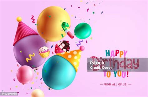 생일 축하 벡터 디자인 풍선과 컵 케이크 파티 요소가 있는 생일 인사말 텍스트입니다 공휴일에 대한 스톡 벡터 아트 및 기타 이미지 공휴일 기념일 낮 Istock