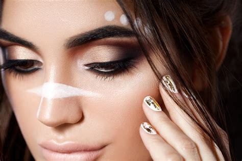 Close Up View Of Beautiful Woman Touching Her Face Perfect Skin And