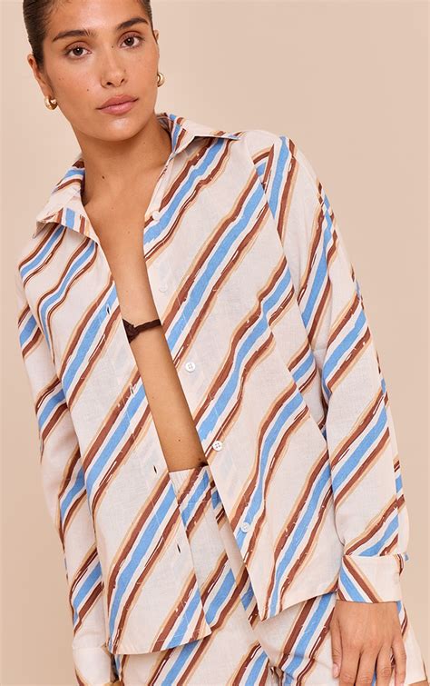 Petite Blue Stripe Linen Look Button Up Shirt Petite Plt Qa