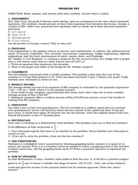 Mathematics 9 Problem Set Pdf Mathematics Quadratic Equation