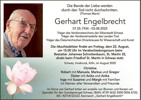 Traueranzeige Von Gerhart Engelbrecht Vom 03 08 2025 Tiroler Tageszeitung