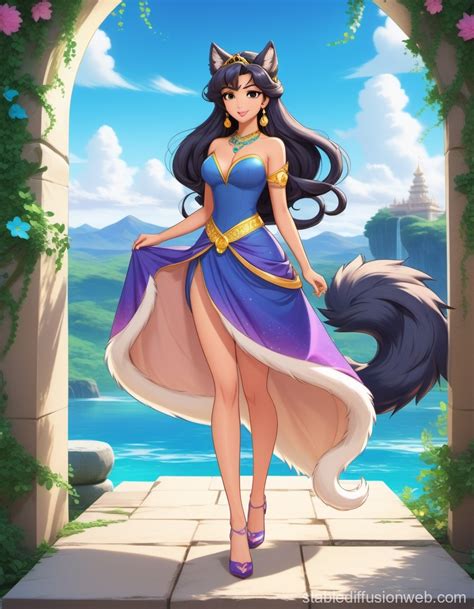 Nervous Anime Princess Jasmine With Wolf Ears And Tail Stable Diffusion
