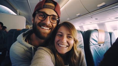 Young Handsome Couple Taking A Selfie On The Airplane During Flight