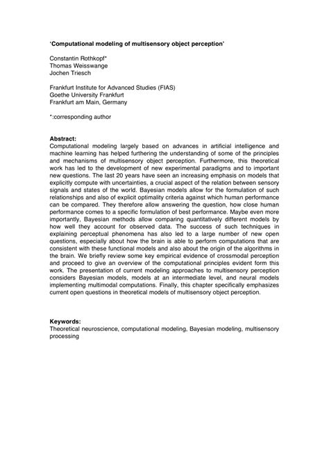 Pdf Computational Modeling Of Multisensory Object Perception