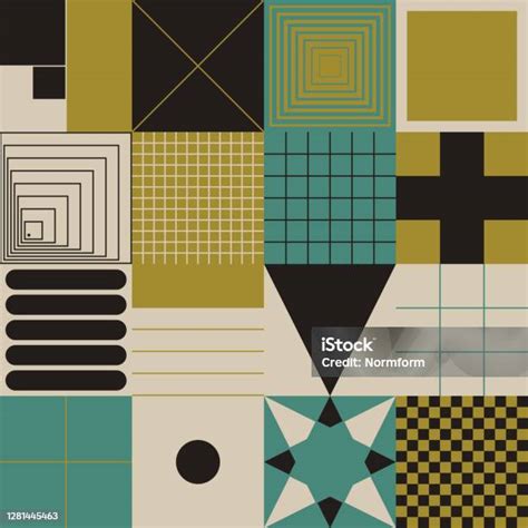 추상적인 모더니즘 모양과 기하학적 패턴 그래픽을 갖춘 현대적인 스위스 디자인 미학 작품 0명에 대한 스톡 벡터 아트 및 기타