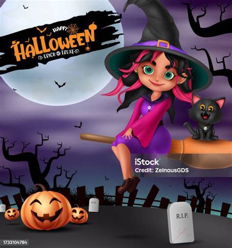 할로윈 마녀 소녀 캐릭터 벡터 디자인 귀엽고 예쁜 마녀가 묘지 밤 배경으로 날아가는 트릭 오어 트릿 인사말 카드 계절에 대한 스톡 벡터 아트 및 기타 이미지 Istock