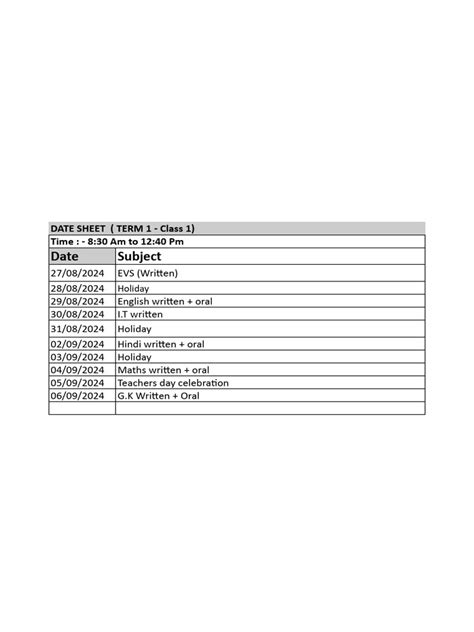 Class 1 Date Sheet 2024 25 Pdf