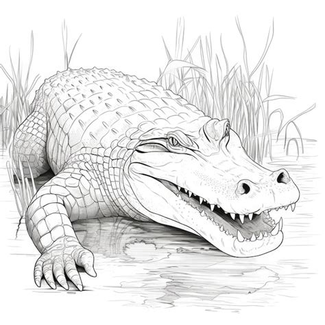 Black And White Coloring Picture Of A Saltwater Crocodile Premium Ai
