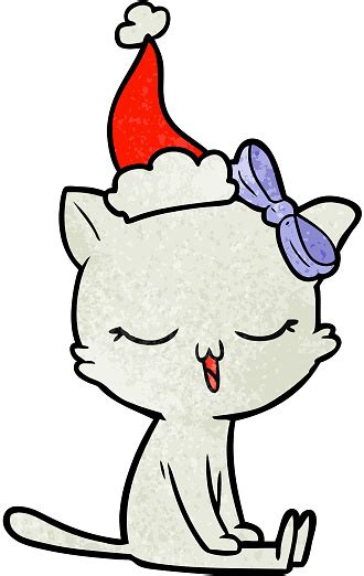 산타 모자를 쓰고 머리에 활을 가진 고양이의 손으로 그린 질감 만화 고양이 새끼에 대한 스톡 벡터 아트 및 기타 이미지 고양이 새끼 귀여운 그런지 이미지 기법