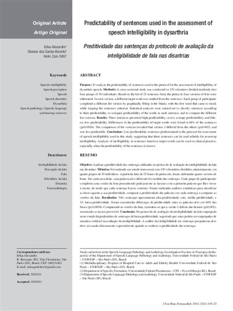 Pdf Predictability Of Sentences Used In The Assessment Of Speech Intelligibility In Dysarthria