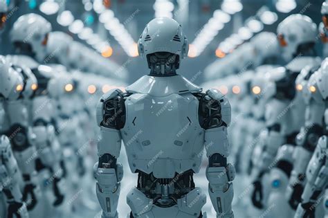 White Robot Leading A Line Of Identical Robots In A Futuristic Factory Setting Premium Ai