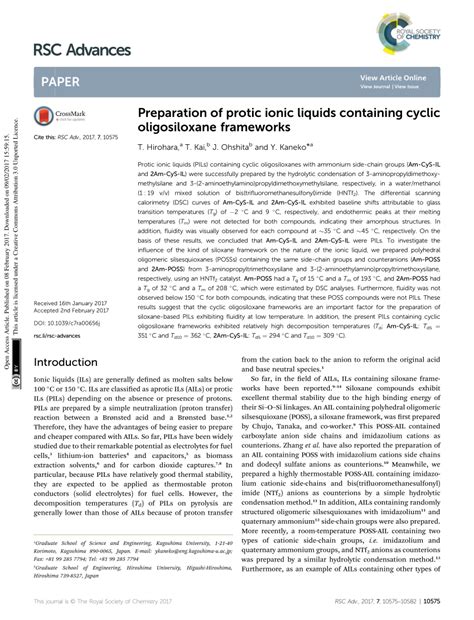 Pdf Preparation Of Protic Ionic Liquids Containing Cyclic Oligosiloxane Frameworks