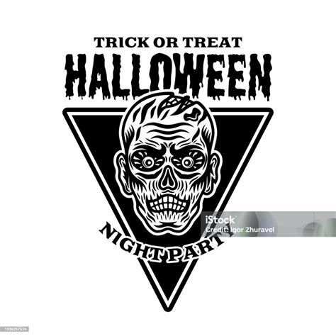 좀비 머리 빈티지 할로윈 엠블럼 배지 라벨 또는 흑백 스타일 벡터 절연 일러스트로 10월에 대한 스톡 벡터 아트 및 기타 이미지 10월 T 셔츠 가을 Istock