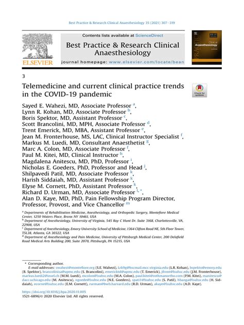Telemedicine And Current Clinical Practice 2021 Best Practice Research Cl Pdf