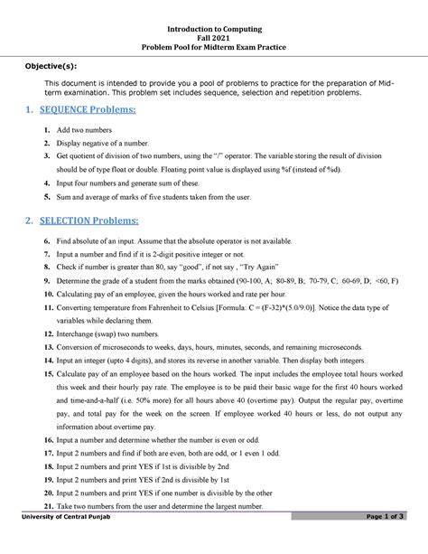 Practice File For Programming Contains Basics Introduction To Computing Fall Problem