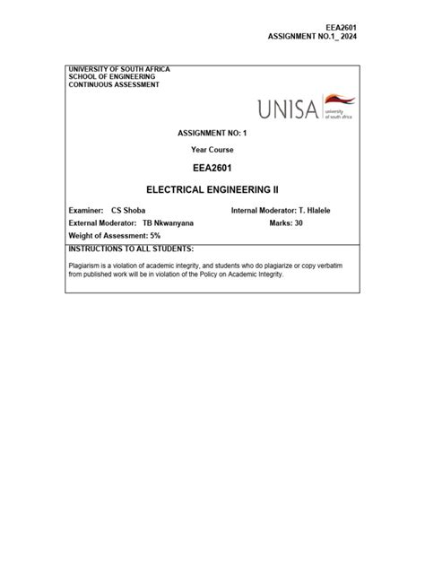 Eea2601 2024 Assignment 1 Pdf Alternating Current Electrical Impedance