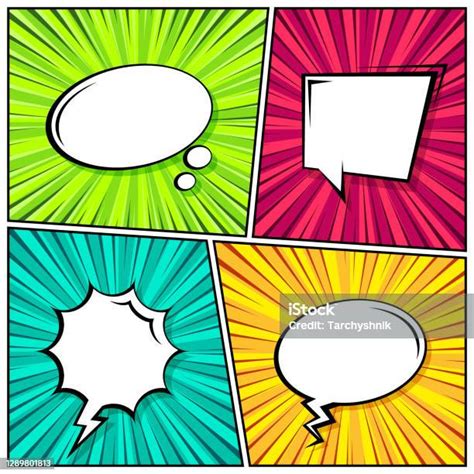 만화 만화 배경 세트 음성 거품 만화는 방사형 라인이있는 다채로운 포스터를 예약합니다 복고풍 팝 아트 스타일 벡터 일러스트레이션 곡선에 대한 스톡 벡터 아트 및 기타 이미지