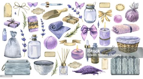 라벤더 스파는 건강 및 뷰티 케어 아이템의 큰 세트입니다 비누 소금 기름 항아리 활 꽃 라일락의 수채화 디자인 미용 분야의 장식 수제 화장품 로고 메뉴 라벤더 색상 묘사에