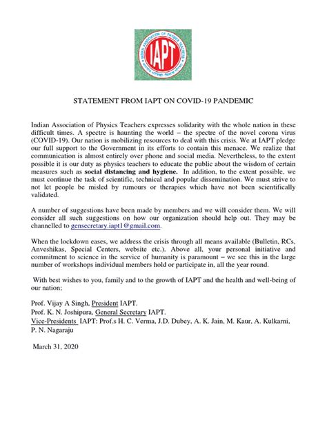 Statement From Iapt On Covid19 Pdf Pdf