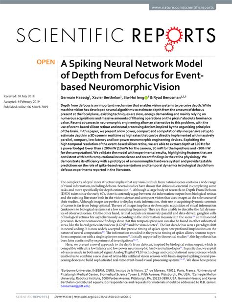 Pdf A Spiking Neural Network Model Of Depth From Defocus For Event Based Neuromorphic Vision