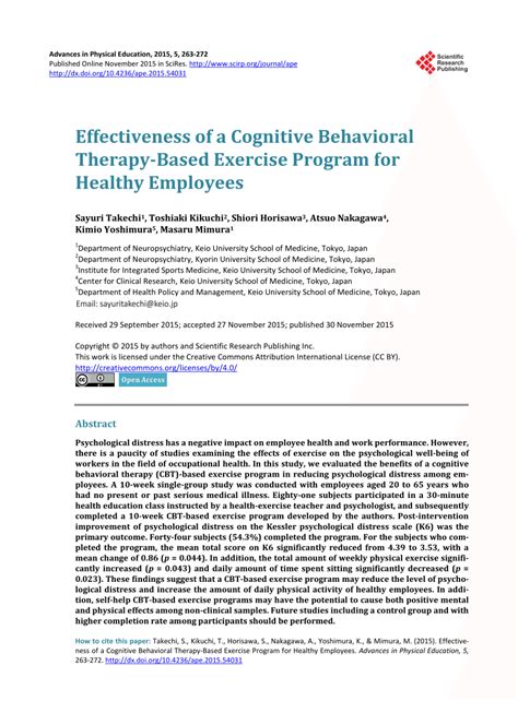 Pdf Effectiveness Of A Cognitive Behavioral Therapy Based Exercise Program For Healthy Employees