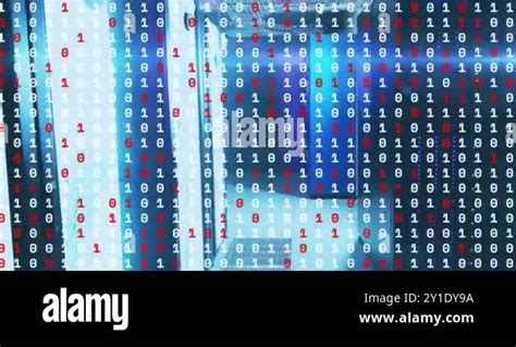 Binary Code In Red And White Over Animation Of Server Room Technology