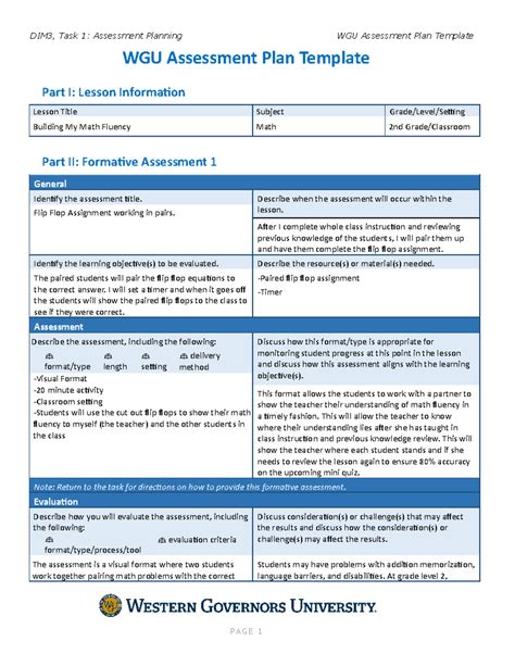 Wgu Assessment Plan Template 4 1 Wgu Assessment Plan Template Part I Lesson Information