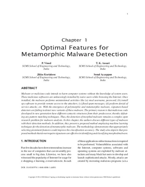 Pdf Optimal Features For Metamorphic Malware Detection