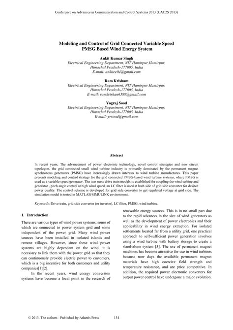 Pdf Modeling And Control Of Grid Connected Variable Speed Pmsg Based