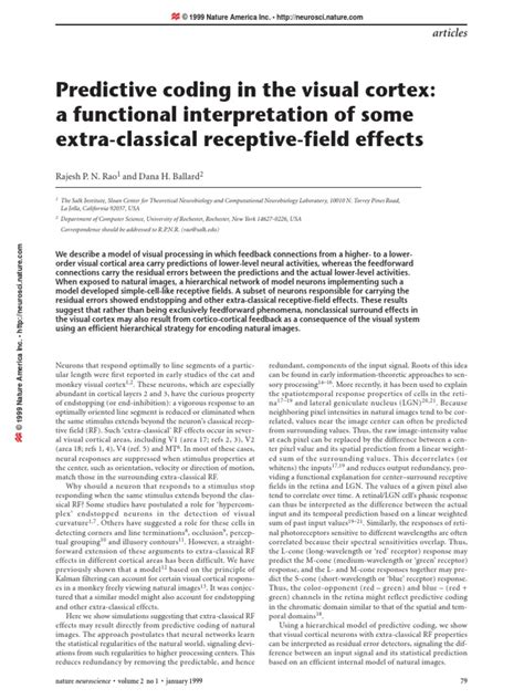 Predictive Coding In The Visual Cortex A Functional Interpretation Of Some Extra Classical